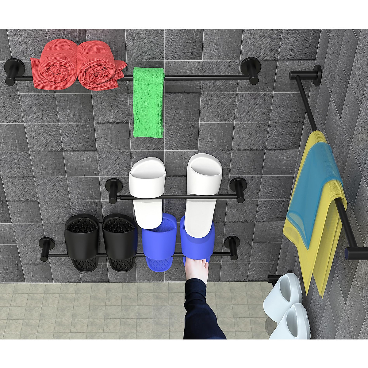 2 Pack Adjustable 16 to 27.6 Inch Single Towel Bar, iMomwee Oil Rubbed Black Finished SUS304 Stainless Steel Bathroom Towel Rod, Wall Mount Towel Rail with S Hooks for Kitchen Washroom (1" Diameter)