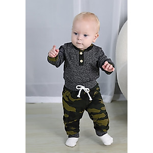 Newborn Baby Boy Fall Clothes Infant Plaid Long Sleeve Button Romper and Pants Set Winter Outfits 0-18 Months (Baby Camouflage Outfits, 3-6 Months)