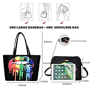 Satchel Bags for Women Fashion Handbag Leather Shoulder Bag Large Capacity Black Work Bag 2 PCS Set (Mouth)