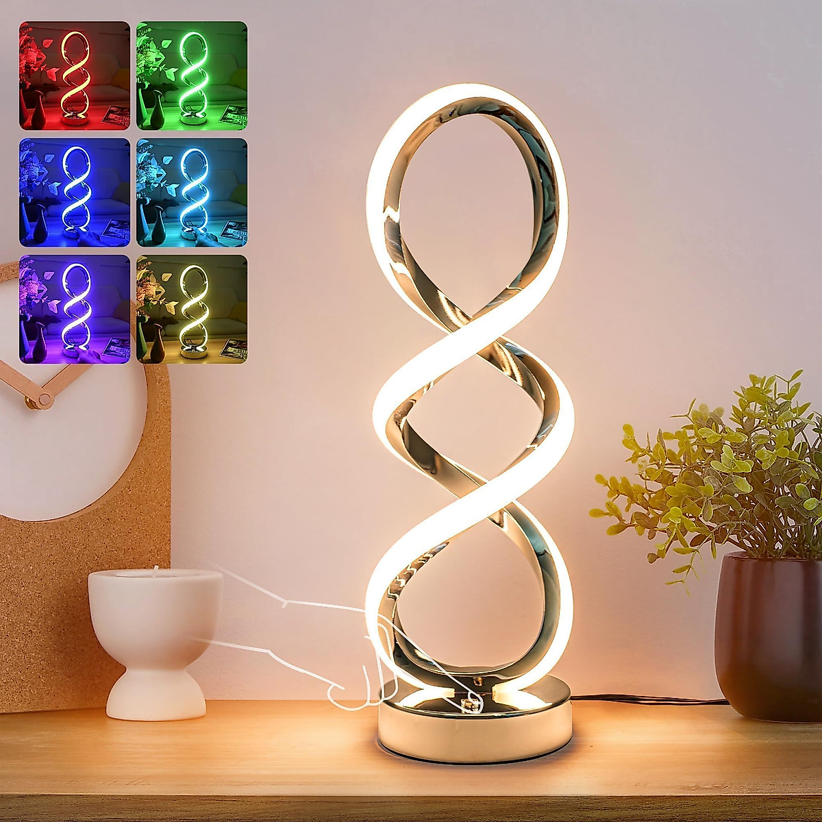 Adebime Modern Spiral RGB Table Lamp, Touch Dimmable Bedside Lamp, 7 Colors 10 Light Modes Spiral Design Table Lamp, Unique Nightstand Lamp for Living Room, Bedroom, Cool Lamps