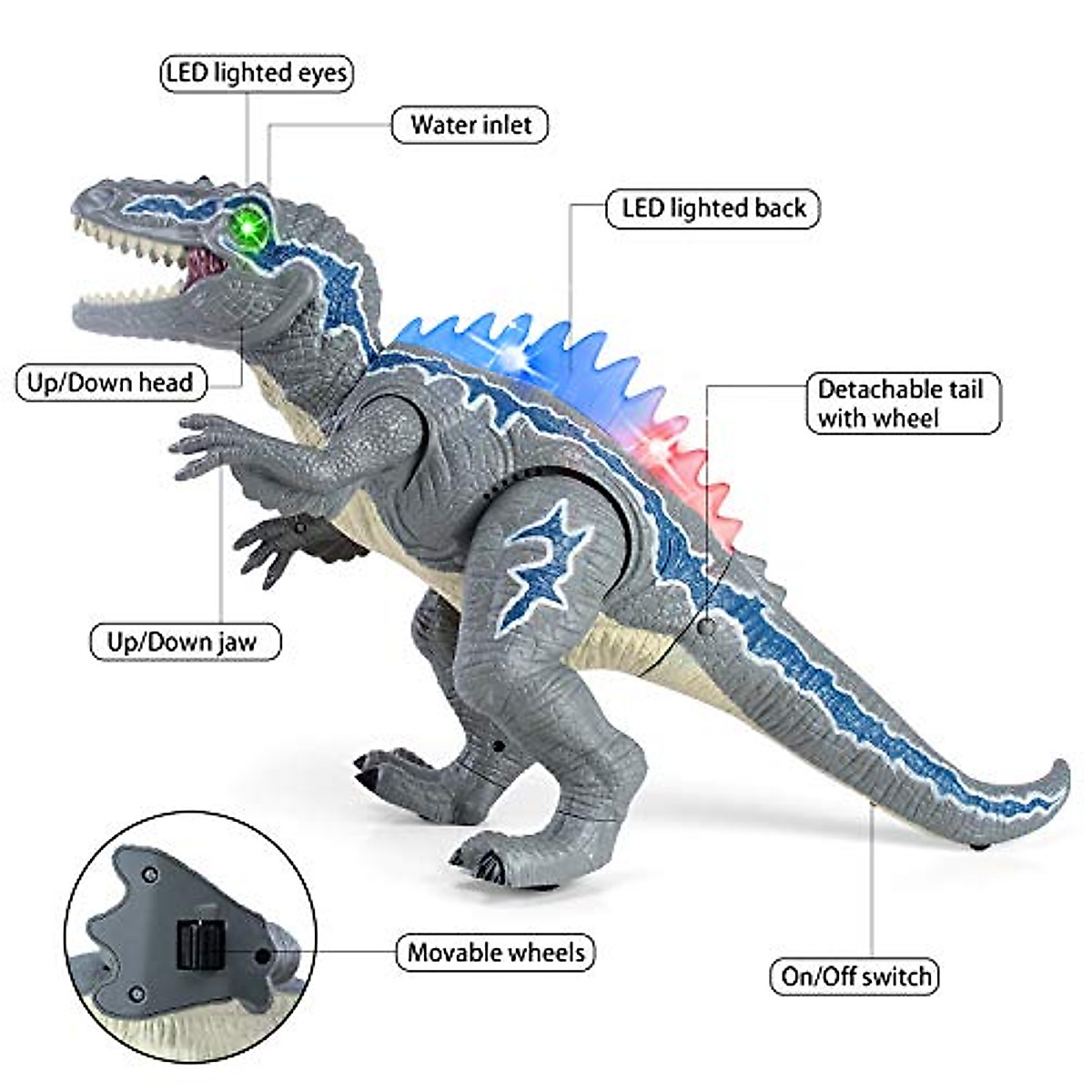 WESPREX Remote Control Walking Dinosaur T-Rex with Water Mist Spray, LED Light Up Eyes & Back, Roaring Sound, Realistic Tyrannosaurus, Toy for Boys Kids Girls Ages 3 4 5 6 7 Year Old - Blue