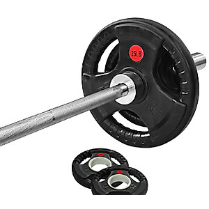 Signature Fitness Cast Iron Olympic 2-Inch Weight Plates Including 7FT Olympic Barbell, 130-Pound Set (85 Pounds Plates + 45 Pounds Barbell), Multiple Packages, Rubber Coated Style