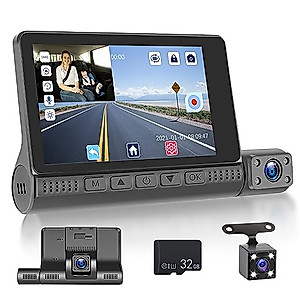 Hikity Car Dash Cam Front and Inside Camera - Loop Recording with 32G SD Card, 4 Inch IPS Screen, G-Sensor, Night Vision, Parking Monitor, Rear View Camera