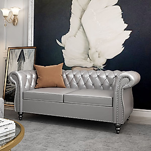 QHITTY Accent Sofa, Chesterfield Loveseat Modern Leather Couch Upholstered Sofa with Tufted Back for Living Room Furniture (Grey)