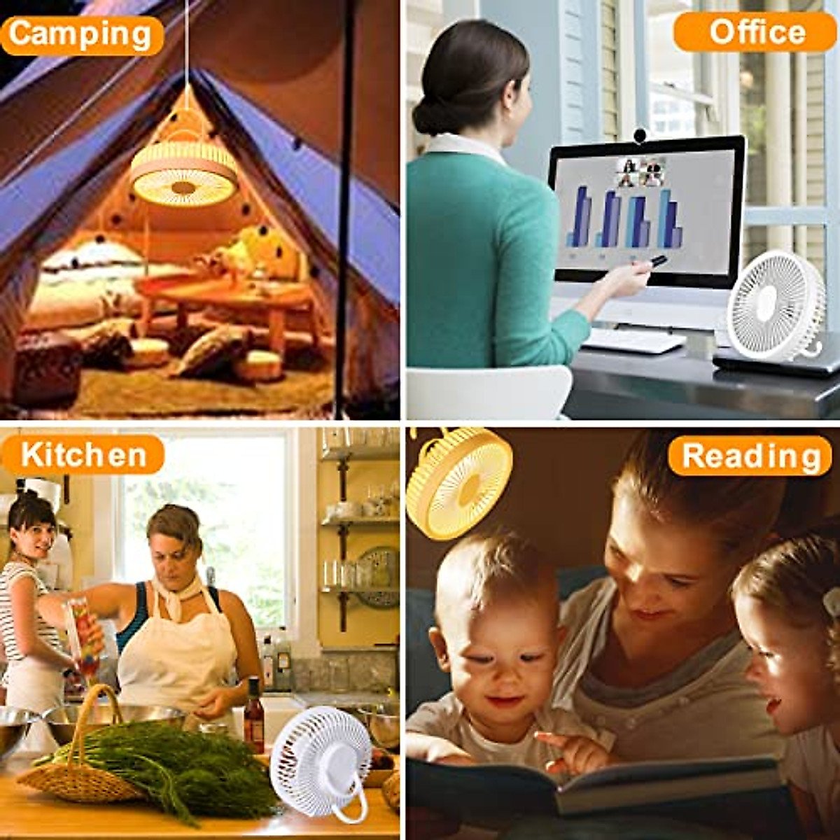 Tremdwoto Portable Camping Fan with Rechargeable 4000mAh Battery Operated, 180°Rotation, LED Light and Hook for Outdoor Tent Picnic Barbecue Fishing Travel - Perfect for Your Next Adventure!