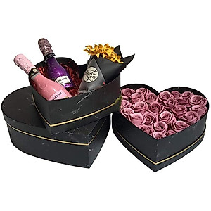 BBJ WRAPS Marble Heart Shaped Paper Flower Boxes with Lids Floral Cardboard Box Gift Packaging for Valentine's Day Florist Arrangements, Set of 3 (S/M/L) (Black)
