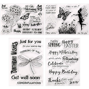 Outus 4 Pieces Clear Stamps Summer Silicone Stamp Cards with Flower, Butterfly, Dragonfly, Greeting Words Pattern for Card Making Decoration and DIY Scrapbooking Embossing Album Decor Craft