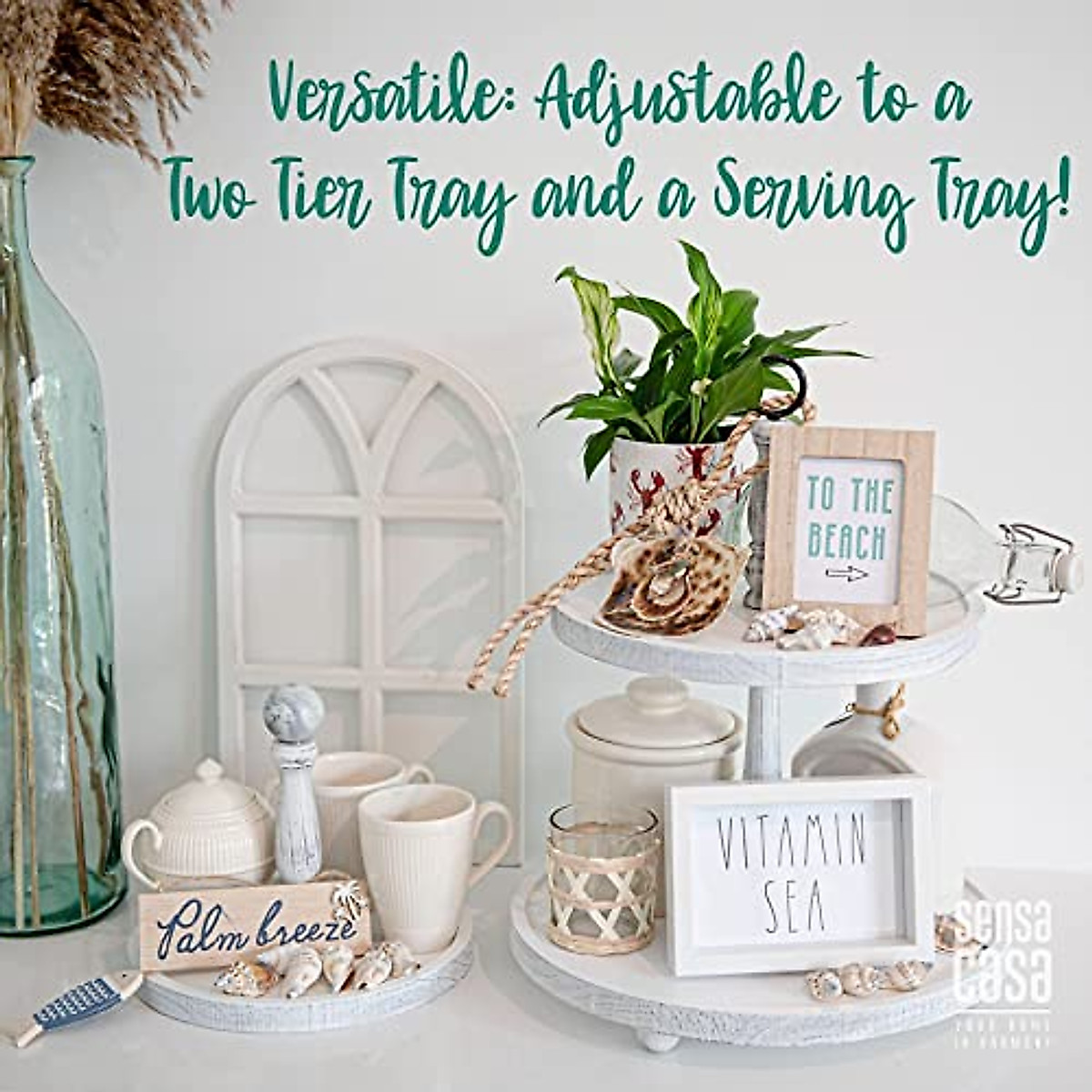 SensaCasa Farmhouse Tiered Tray – 3 Tier Tray – Rustic White Three Tier Tray - Wooden Farmhouse Kitchen Decor – 3 Tier Serving Trays – Wood Round Tiered Stand