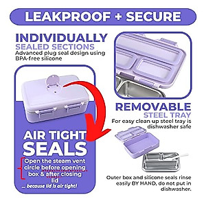 kinsho Stainless Steel Lunch Box for Baby or Toddlers Girls, Mini Bento, 3 Eco Metal Portion Sections Leakproof Lid, Pre-School Daycare Lunches, Toddler and Kids Spill-Proof Snack Container, Purple