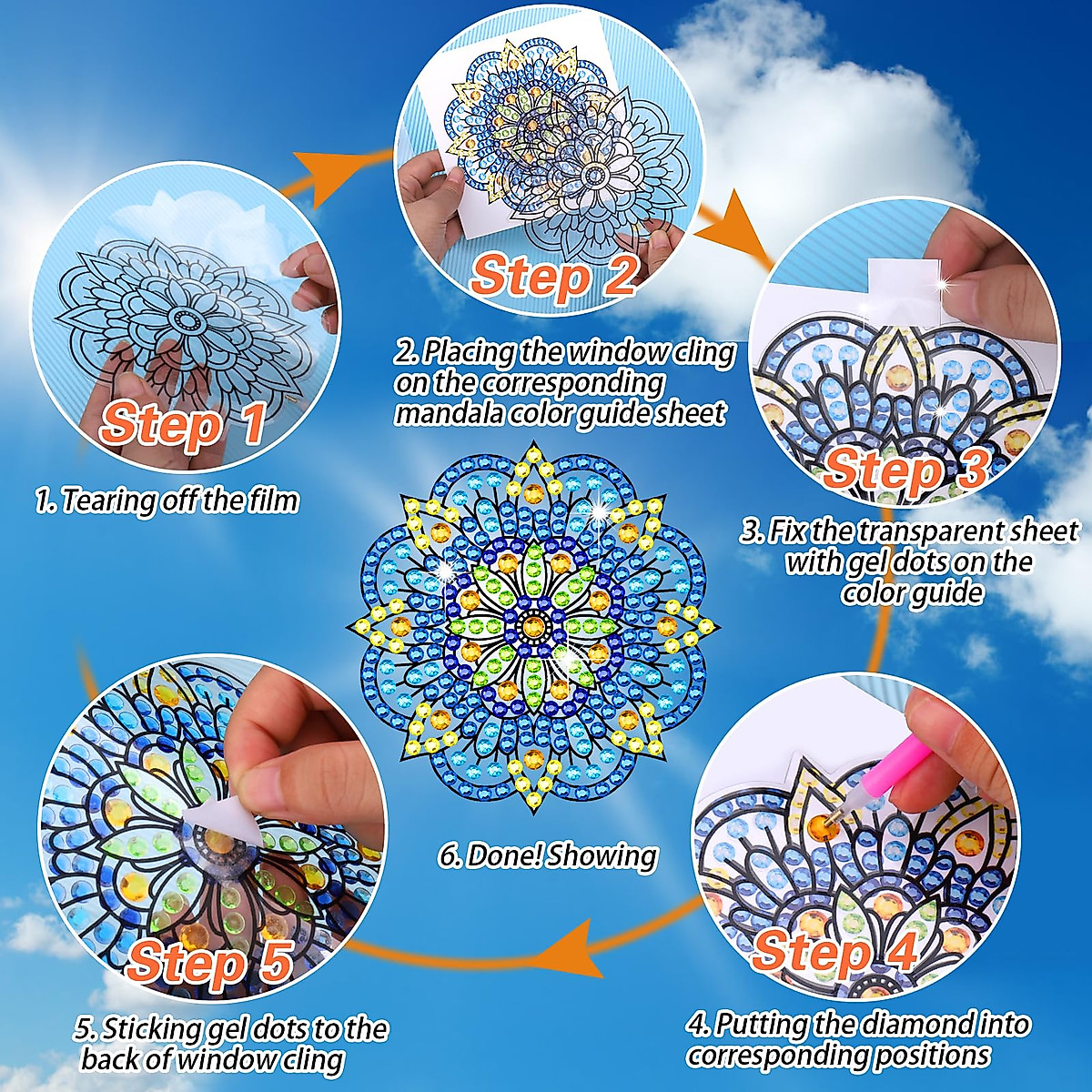 BSRESIN Diamond Art Stained Glass Window Clings with Diamond DIY Pen, 3 Pcs Mandala Window Stickers for Suncatchers, Diamond Art Kits for Adults, Diamond Art Accessories
