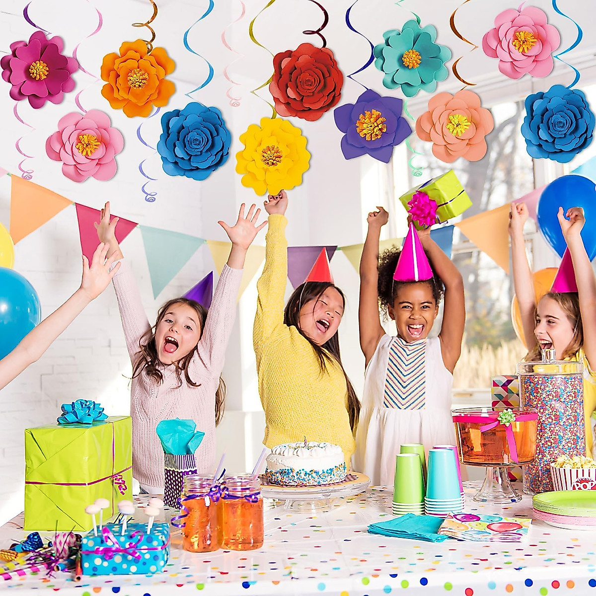 60Pcs Mexican Fiesta Party Decorations Mexican Floral Hanging Swirl Mexican Banners for Fiesta Party Fiesta Theme Party Supplies Birthday Baby Shower Decorations（Flat Cardstock NOT 3D）