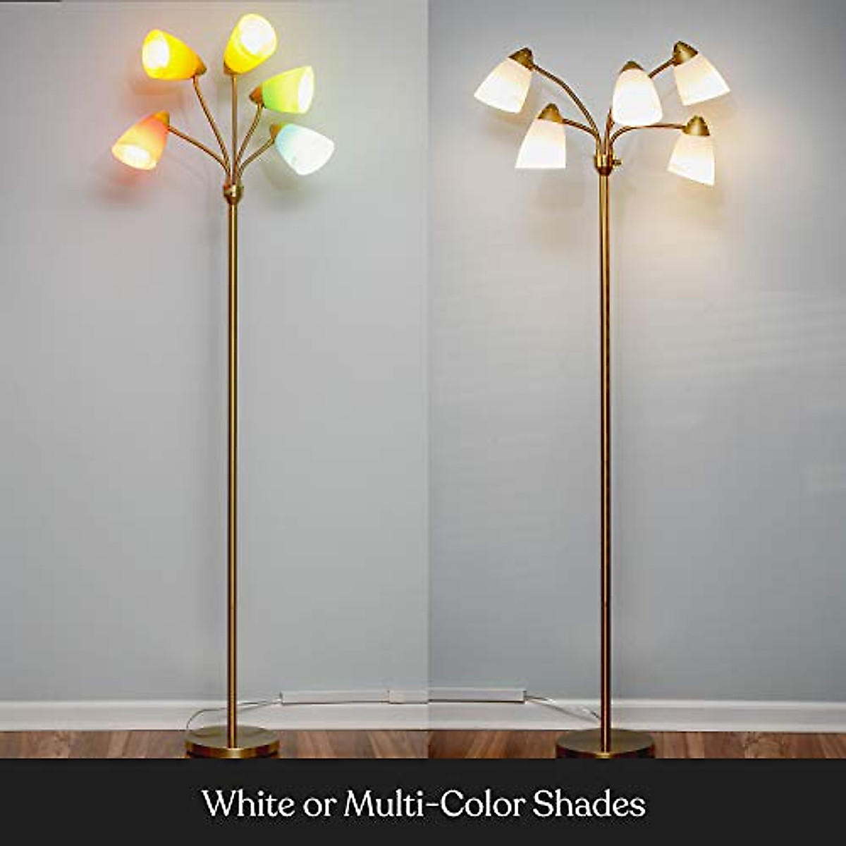 Brightech Medusa LED Floor Lamp – Multi-Head Dimmable Floor Lamp for Living Rooms & Offices – Tall Lamp with Interchangeable Shades, Adjustable Standing Lamp for Bedroom Reading – Brass/Gold