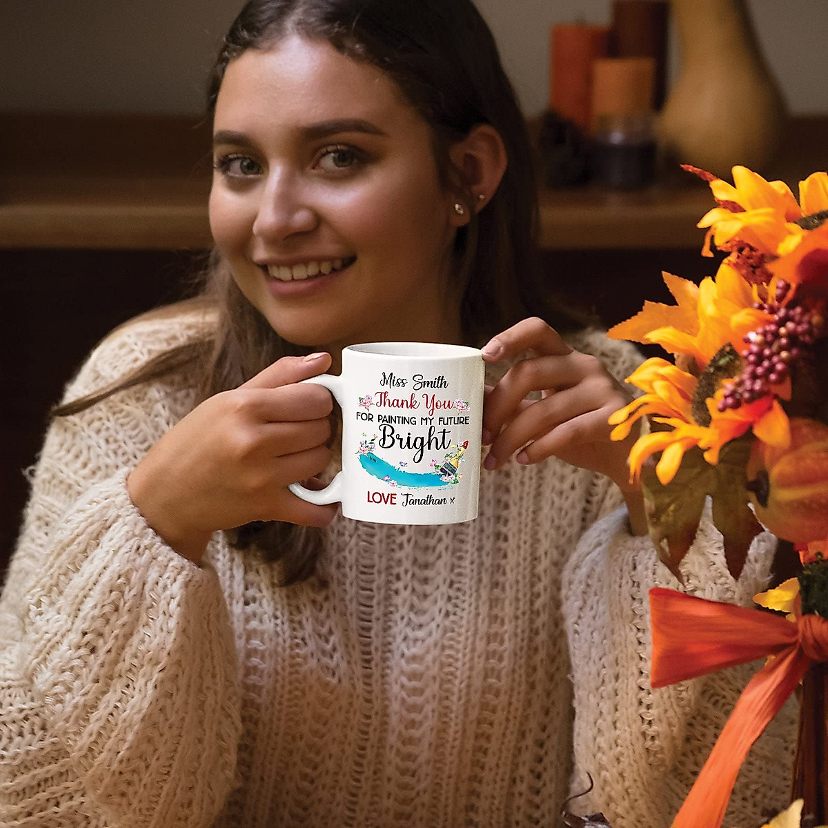 Customized Teacher Ceramic Cup With Name - Personalized Thank You For Painting My Future Bright Cups - Floral Teacher Coffee Cup - Custom Teaching Porcelain Cup - White Tea Cup 11oz or 15oz