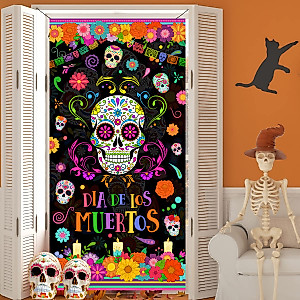 Day of the Dead Door Cover Decorations Dia de los Muertos Porch Sign Background Mexican Carnival Hanging Banner Suitable for Indoor and Outdoor Decoration Sugar Skull Party Decoration