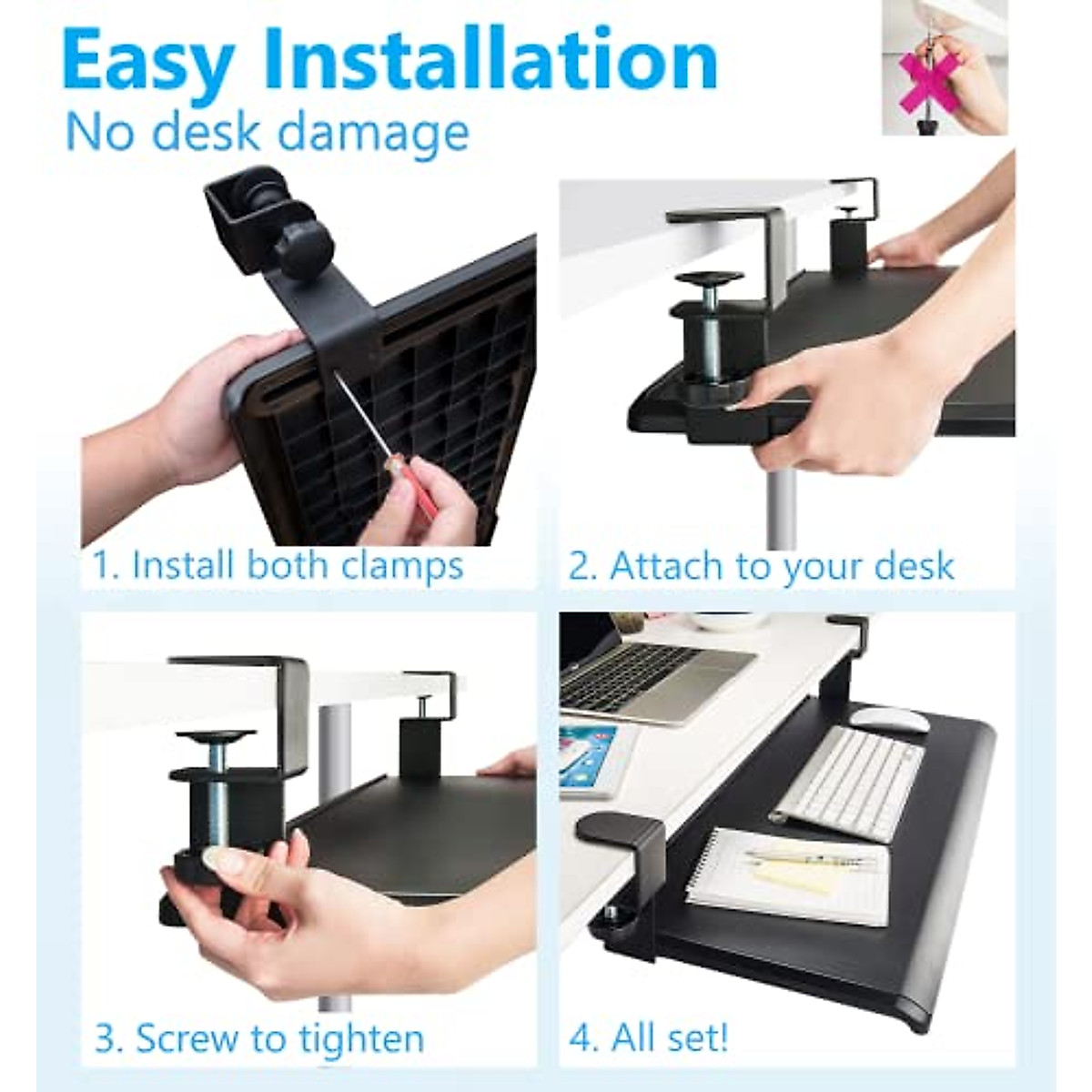 Max Smart Clamp On Keyboard Tray Under Desk, Pull Out Keyboard Tray, 20inch, Easy Assembly, Slide-Out Platform Computer Drawer for Typing