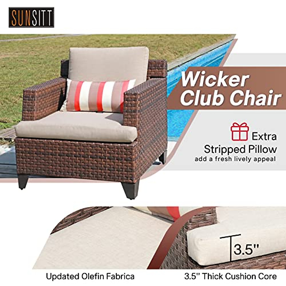 SUNSITT 2-Piece Outdoor Wicker Chairs Patio Furniture Set with Cushions, 2 Throw Pillow and Sofa Cover Included
