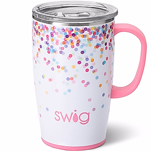 Swig Life 18oz Travel Mug, Insulated Tumbler with Handle and Lid, Cup Holder Friendly, Dishwasher Safe, Stainless Steel, Travel Coffee Cup, Glitter Tumbler, Glitter Gifts (Confetti)