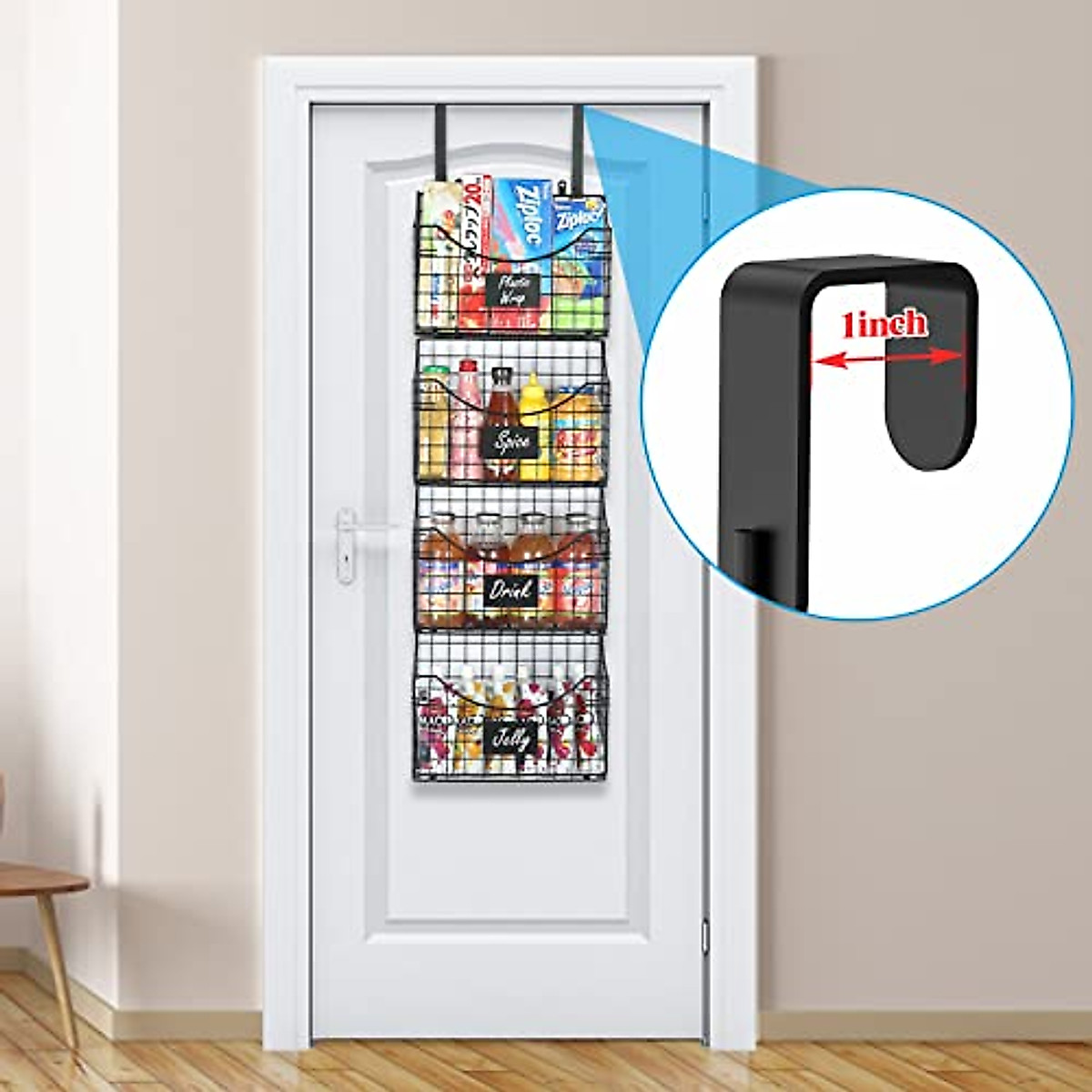 Over The Cabinet Door Organizer 4 Pack, Over Door Storage Basket with Name Plate Hooks for Cutting Board Foils Cookie Sheet, Grid Storage Bin Basket Holder Rack for Kitchen Pantry Bathroom