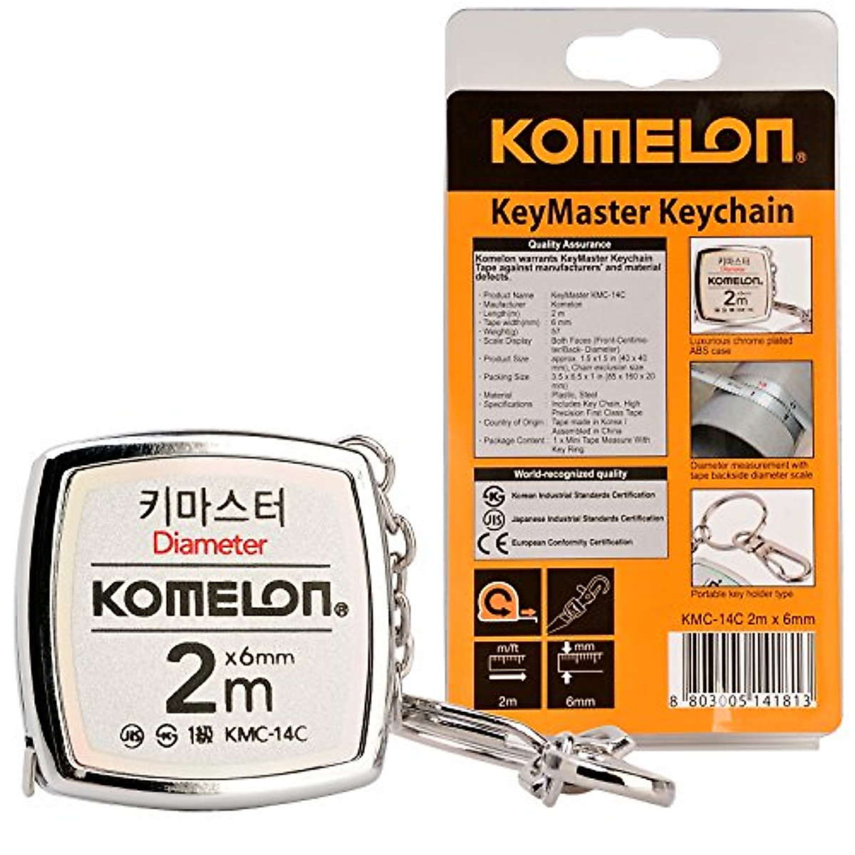 Komelon KMC-14C Keymaster Metric Tape Measure 2-Meter/Diameter Keychain Pocket Mini Key Chain Ring Chrome Coated Measuring Tool with English Manual Included
