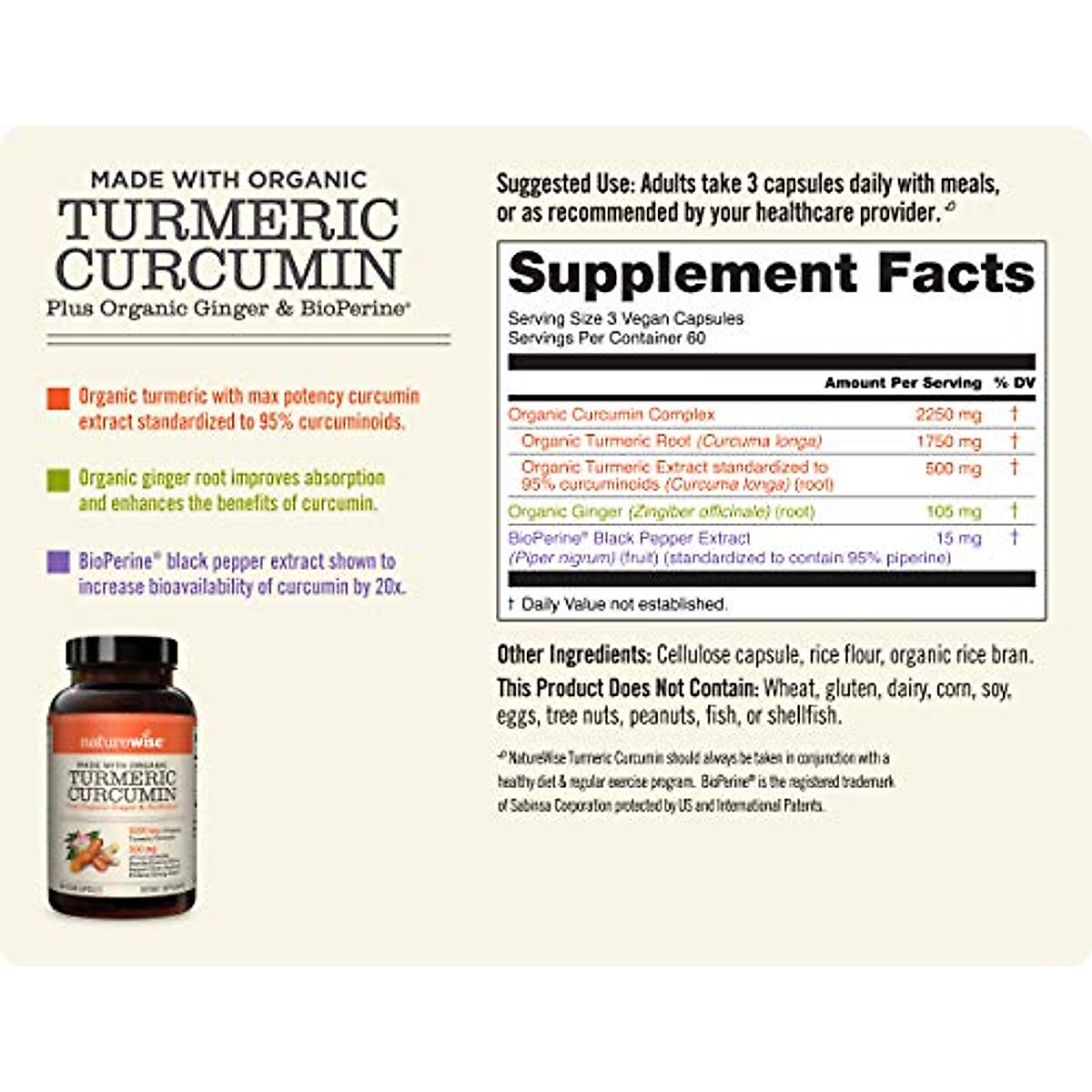 NatureWise Curcumin Turmeric 2250mg | 95% Curcuminoids & BioPerine Black Pepper Extract | Advanced Absorption for Joint Support [2 Month Supply - 180 Count]