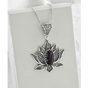 Filigranist 925 Sterling Silver Filigree Art Lotus Flower Women Pendant Necklace (Amethyst)