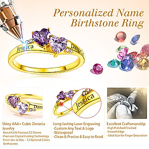 Custom4U Personalized Engagement Ring with 2 Heart Shaped Birthstones, 18K Gold Plated 925 Sterling Silver Finger Ring for Couple Customized Gift for Valentine's Day