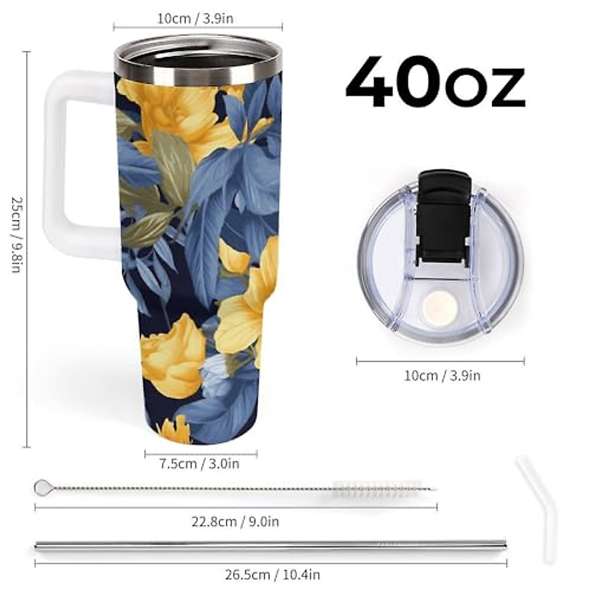 LLUTSNTH 40 Oz Vacuum Tumbler with White Handle Leakproof Insulated Tumbler Blue Base Yellow Floral Stainless Steel Travel Mug with Lid And Straw Coffee Cup Cute Water Bottles Cup Holder Friendly