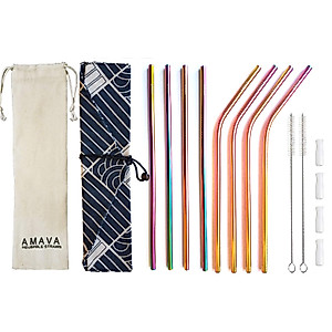 Reusable Straws Set, Stainless Steel Metal, Colorful, Includes 8 Straws, 4 Silicone Tips, 2 Cleaning Brushes, and 2 Travel Pouches, Draw String Bag and Wrap Bag for Hot & Cold Drinks