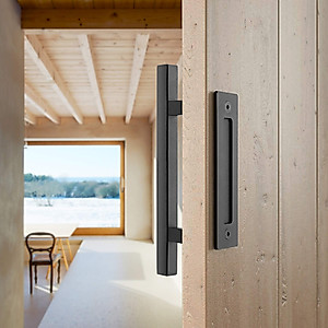 Barn Door Handle, Square 12" Barn Door Hardware Kit Pull and Push Sliding Door Handle, Rustic Two-Side Design for Barn Door, Garage Door, Closet Door, Cast Iron Black(Heavy Duty Version)