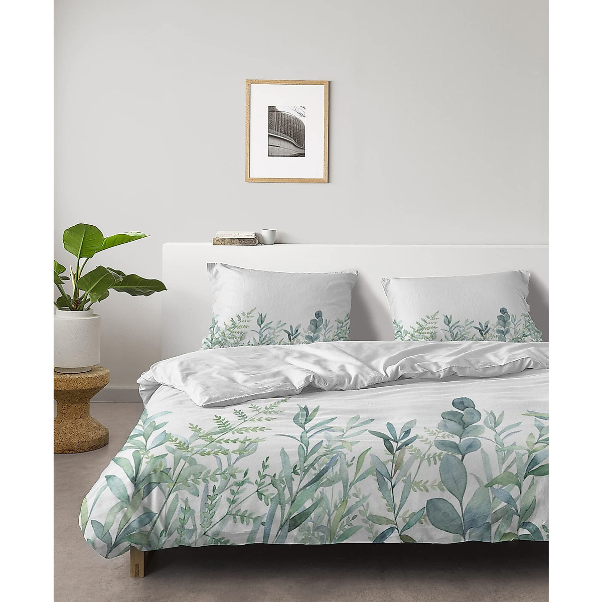 Yun Nist King 4 Piece Bedding Set Summer Eucalyptus Leaf Green Leaves,Soft Breathable Duvet Cover and Pillowcase,Country Farm Plants on White Washable Bed Sheets for Bedroom Dormitory Guest Room