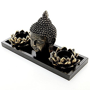 MyGift Black Buddha Head Sculpture Zen Garden Set w/Lotus Tealight Candle Holders & Wooden Display Tray