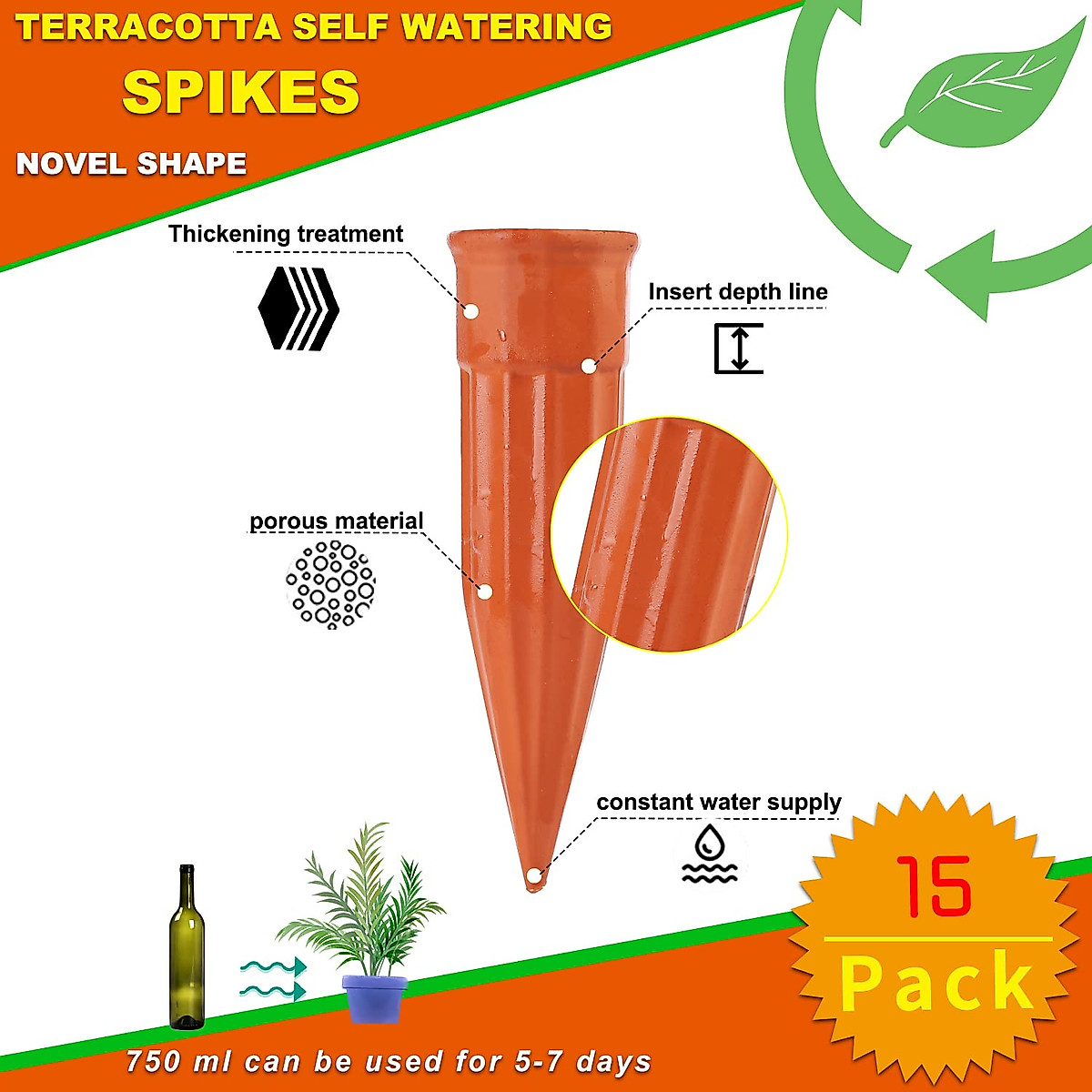Plant Self-Watering Stakes-15 Pack Terracotta Automatic Plant Waterer Devices Auto-Water Irrigation System for Indoor/Outdoor Plants