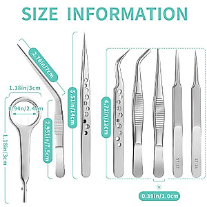 8 Pcs Tweezers Set Stainless Steel Tweezers Forceps with Magnifying Glass Straight Fine Point Forceps Curved Round Flat Tip Tweezers 9 Holes Straight Curved Tip Tweezers for Beauty Craft (Simple)