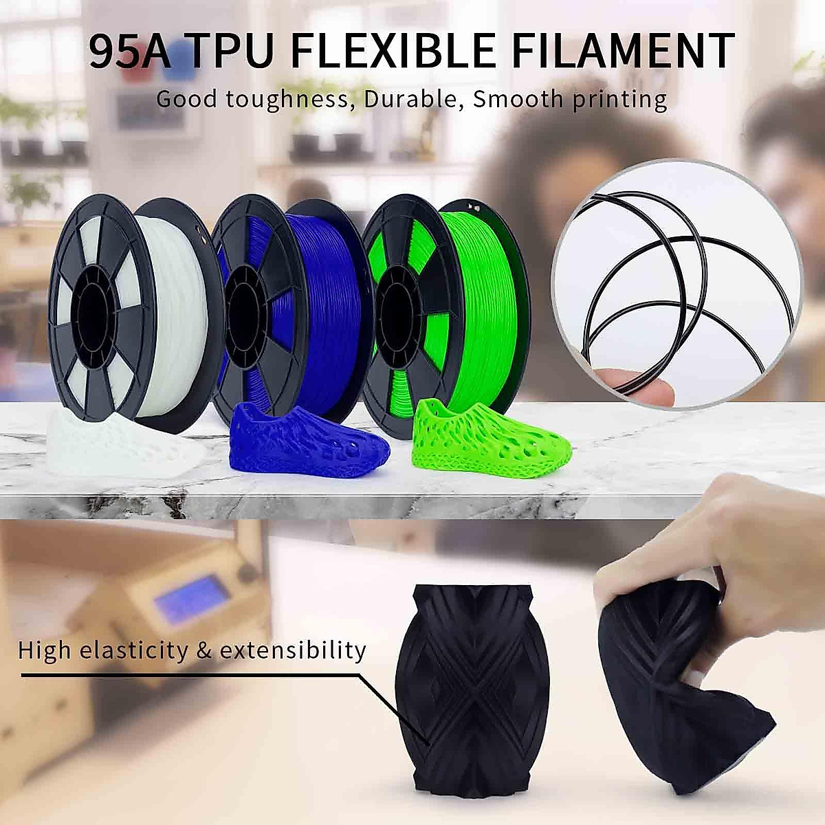 ZIRO TPU Filament 1.75mm 3D Printer Filament, Shore 95A Hardness TPU, Flexible Soft Filament TPU, 0.8KG/1.8lbs Spool, Fit Most FDM 3D Printers, Black
