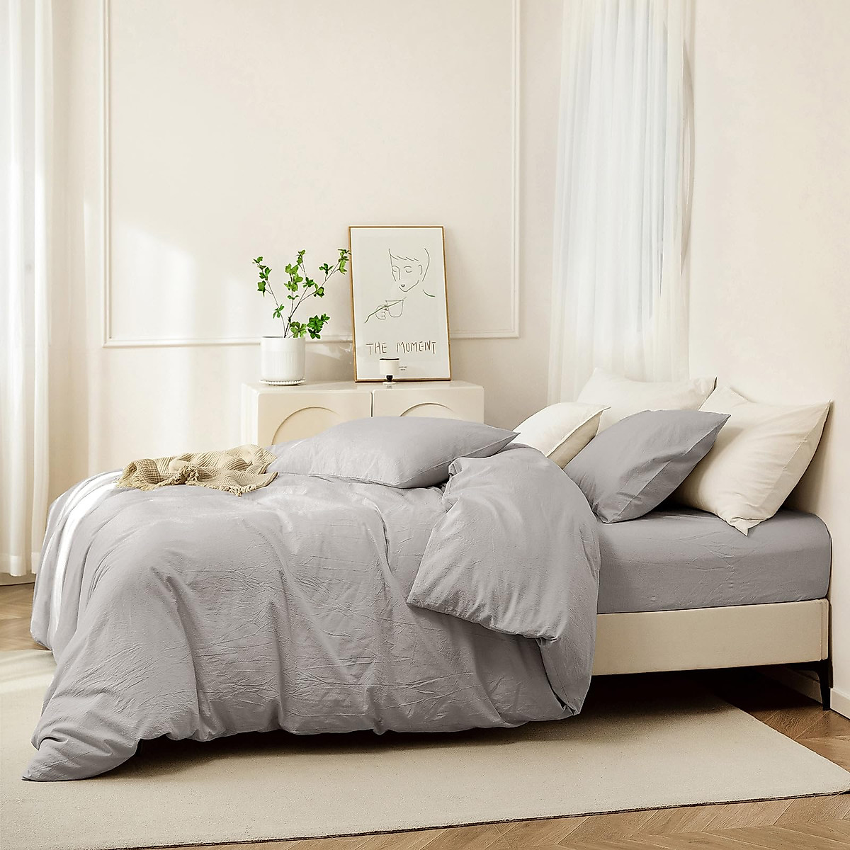 JIYUAN 100% Washed Cotton Duvet Cover Set Comfy Simple Style Soft Breathable Textured Durable Linen Feel Bedding for All Seasons King, Cream Grey