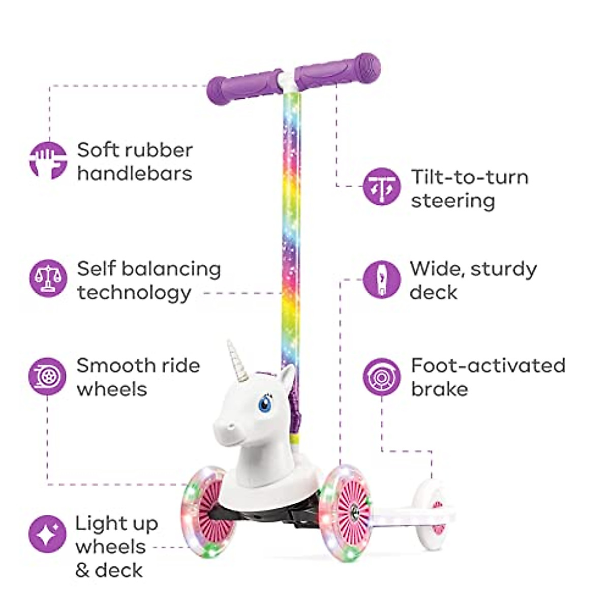 Dimensions Unicorn Kick Scooter for Kids, Self-Balancing 3 Wheeled Light Up Scooter with Extra Wide Anti-Slip Deck, Rear Brake, Lean to Steer, Lightweight Design, for Kids 3 and up, 75 LB Limit