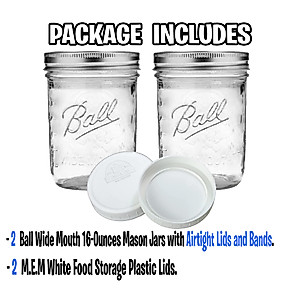 Wide Mouth Mason Jars 16 oz - (2 Pack) - Ball Wide Mouth 16-Ounces Pint Mason Jars with White M.E.M Food Storage Plastic Lids, Caps Fit Ball and Kerr Wide Mouth - For Storage, Freezing, Leak Proof,