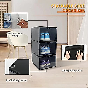 Hrrsaki 6 Pack Shoe Storage Box, Drop Front Shoe Boxes,Shoe Box Clear Plastic Stackable, Shoe Storage Box and Shoe Organizer for Display Sneakers,Easy Assembly,Fit up to US Size 12(13.4”x 10.7”x 7.2”) - Black