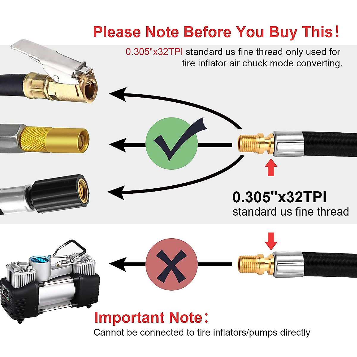 LUMITECO 20 Inch Lengthened Tire Inflator Hose Adapter for Screw Twist On Convert to Lock On Connection, Lock On Air Chuck with Air Hose and Tire Schrader Valve Fine Thread