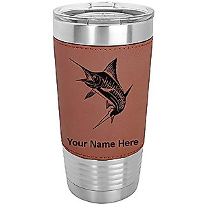 LaserGram 20oz Vacuum Insulated Tumbler Mug, Marlin Fish, Personalized Engraving Included (Faux Leather, Dark Brown)