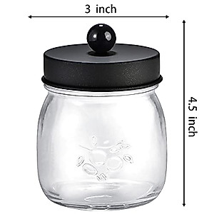 Farmhouse Rustic Decorative Mason Jars, Bathroom Vanity Storage Organizer Canisters,Cute Glass Apothecary Jars with Stainless Steel Lid for Cotton Swabs,Rounds,Balls,Floss Picks,4 Pack (Clear/Black)
