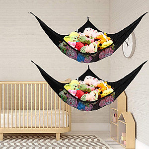 Jumbo Toy Net Hammock for Stuffed Animals KoHuiJoo Wall Sling Corner Extra Large Kids Children Mesh Toy Net Organizer (Black 2 Pack, 70 inch)