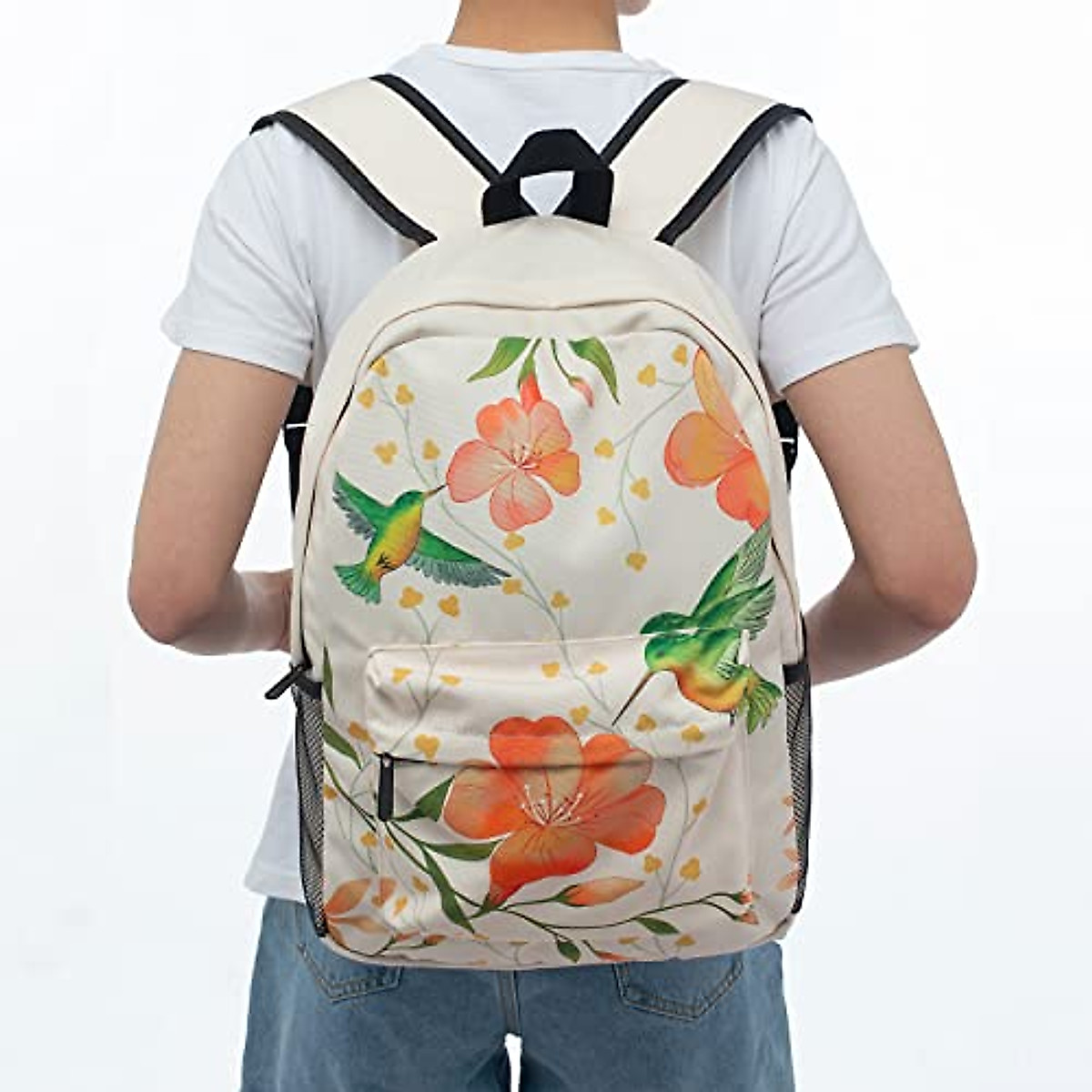 Beige Canvas Backpack For Teen Girls-Hummingbird Backpack Floral Printed Cute Backpack For Girls,Casual Style Lightweight Canvas School Book Bag For Women,Street Skate Backpack