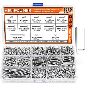HELIFOUNER 1280 Pieces M3 x 4mm /6mm /8mm /10mm /12mm /14mm /16mm /18mm /20mm /25mm / 30mm, Hex Socket Head Cap Metric Screws Bolts Washers Nuts Kit, 304 Stainless Steel
