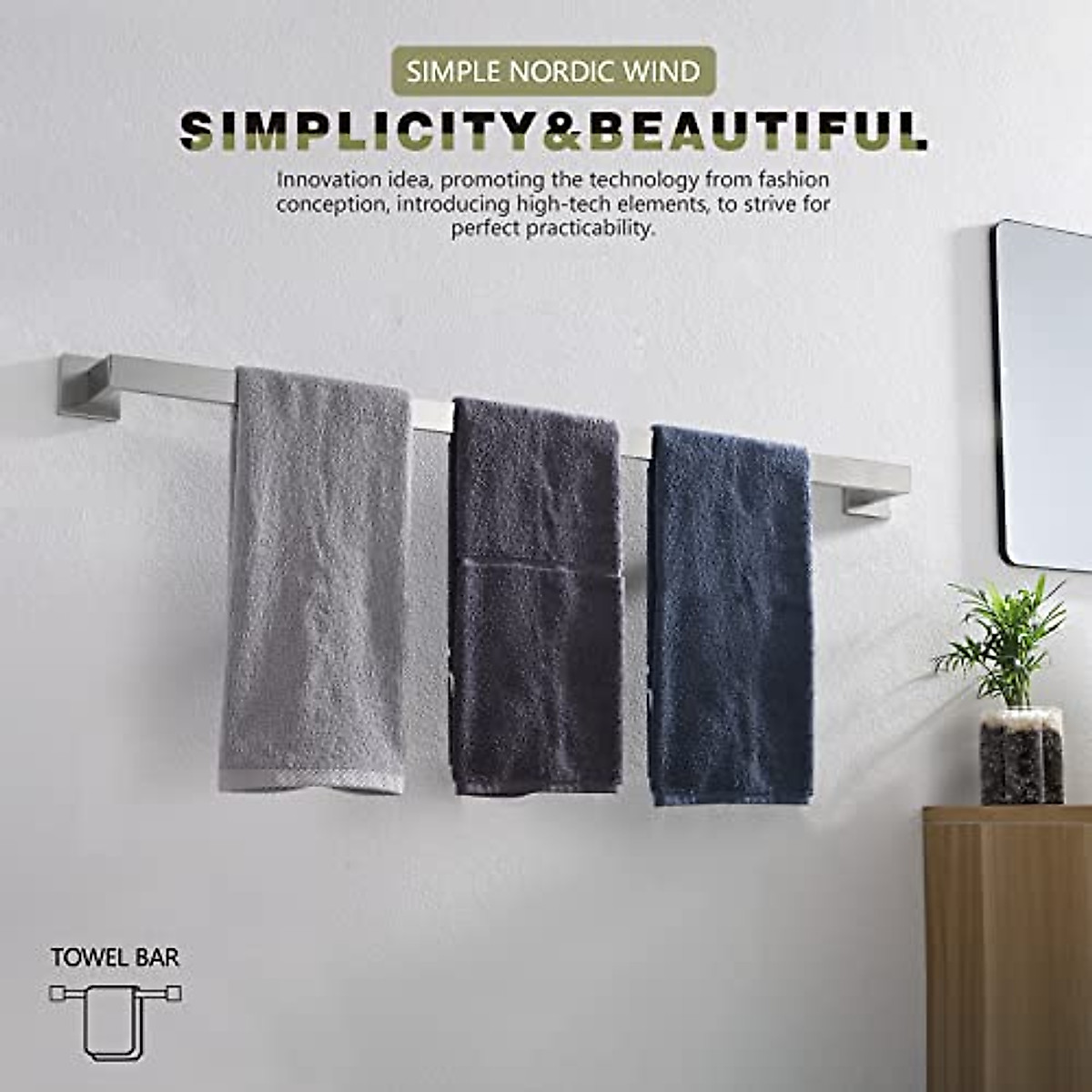 KOKOSIRI 36-Inch Single Towel Bar, Bathroom Towel Holder, Bath Towel Hook Square Robe Hook Coat Hook, Wall Mounted, SUS 304 Stainless Steel, Brushed Steel, B05A3-BR-L36
