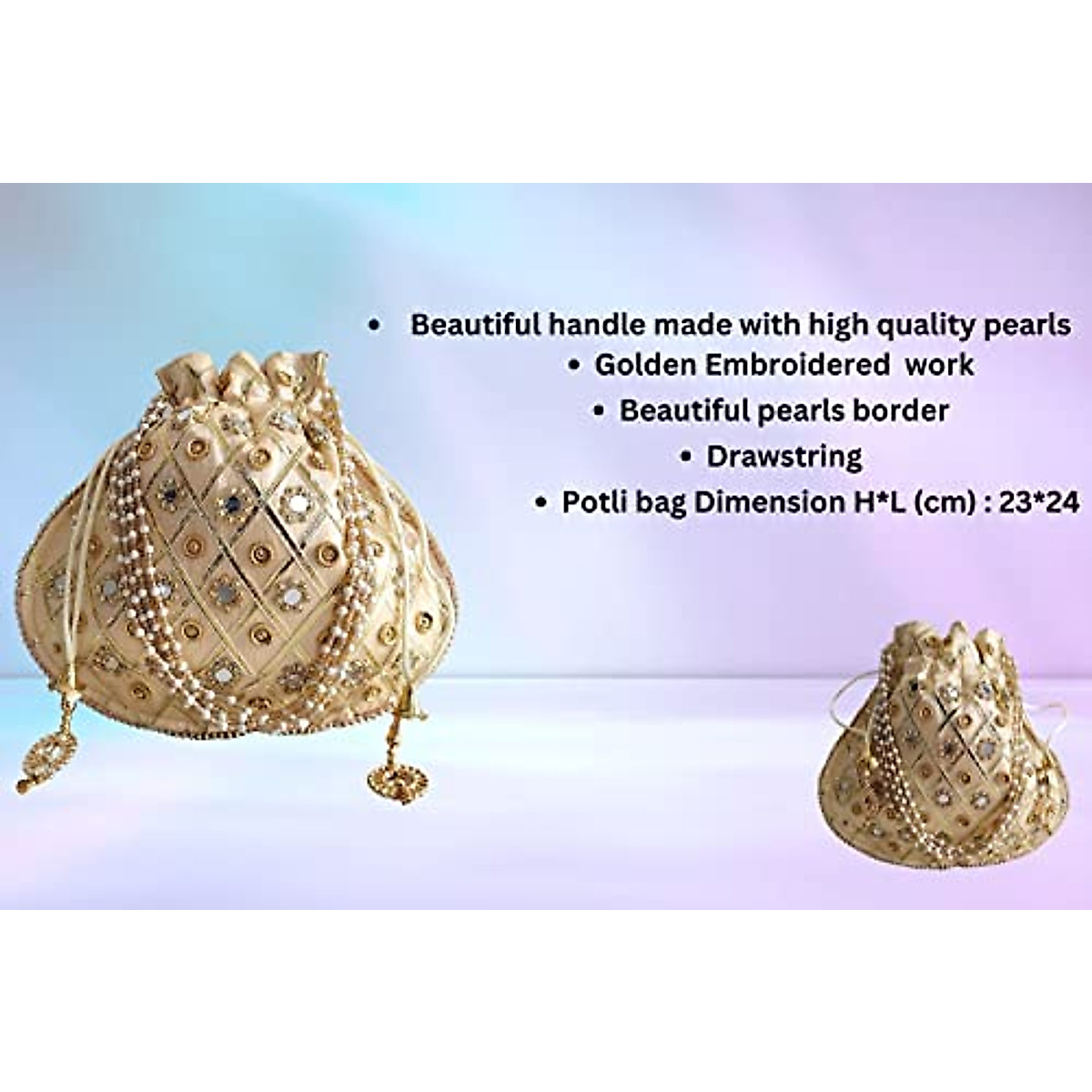 CRAFTFOBIA Women potli Bag Purse Rajasthani Clutch Wallet Ethnic | Zari work Style Pure Cotton with Gota Patti Designer Potli (Golden)