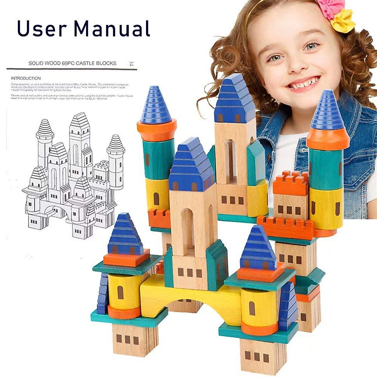 Migargle Wooden Castle Building Blocks Set-Stacking Wood Castle Blocks Educational Toy Set for Toddlers, Fantasy Medieval Bridges and Arches, Wooden Blocks for Kids Ages 3-8