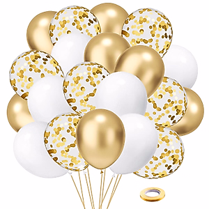White and Gold Confetti Latex Balloons, 50 Pack 12 inch gold and white Party Balloons with Ribbons for Birthday Graduation Wedding Bridal Shower Party Decoration