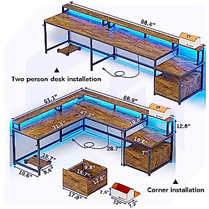 SEDETA L Shaped Desk, 66" with File Drawer & Power Outlet, Home Office Gaming Desk with Led Lights, Corner Computer Desk with Monitor Shelf, Printer Storage Shelves, Two Person Desk, Rustic Brown