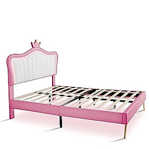 YSWH Full Size Upholstered Princess Bed, Platform Bed Frame with Adjustable Crown Shaped Headboard and LED Lights, Fun Cute Bed Princess Bed for Kids, Bedroom Furniture Upholstered Bed (White + Pink)